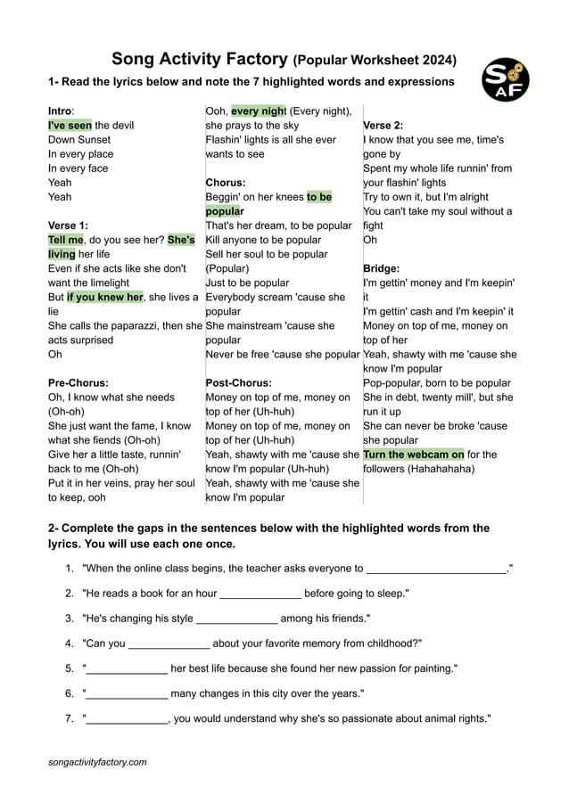The Weeknd, Madonna, Playboi Carti - Popular (clean version) Worksheet ...