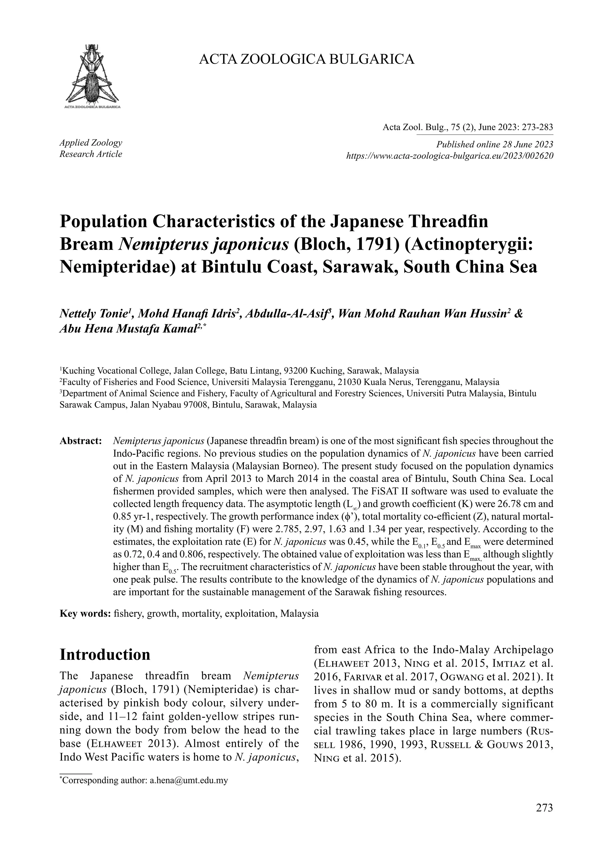 Population characteristics of the Japanese threadfin bream Nemipterus ...