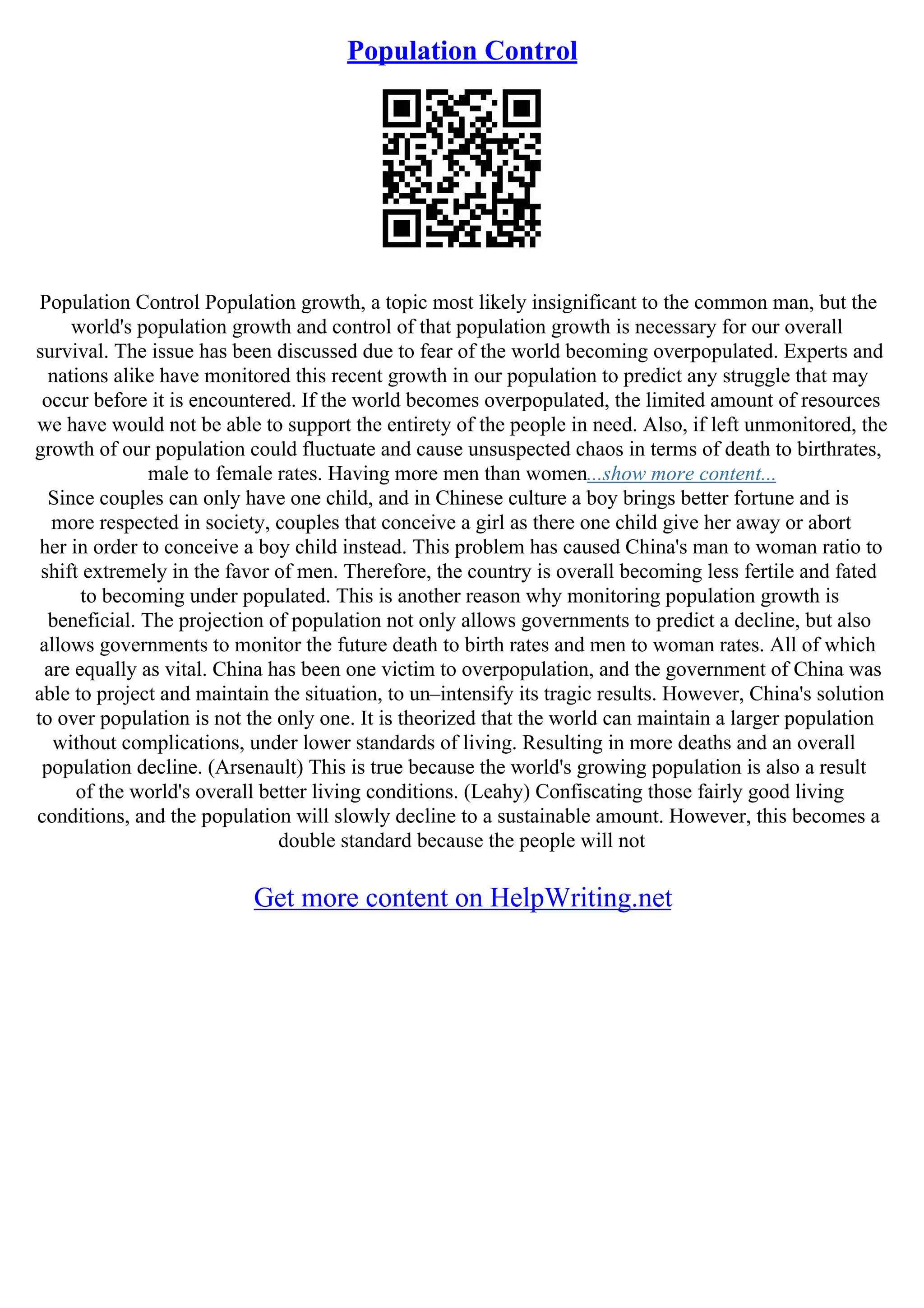Population Control Essay | PDF