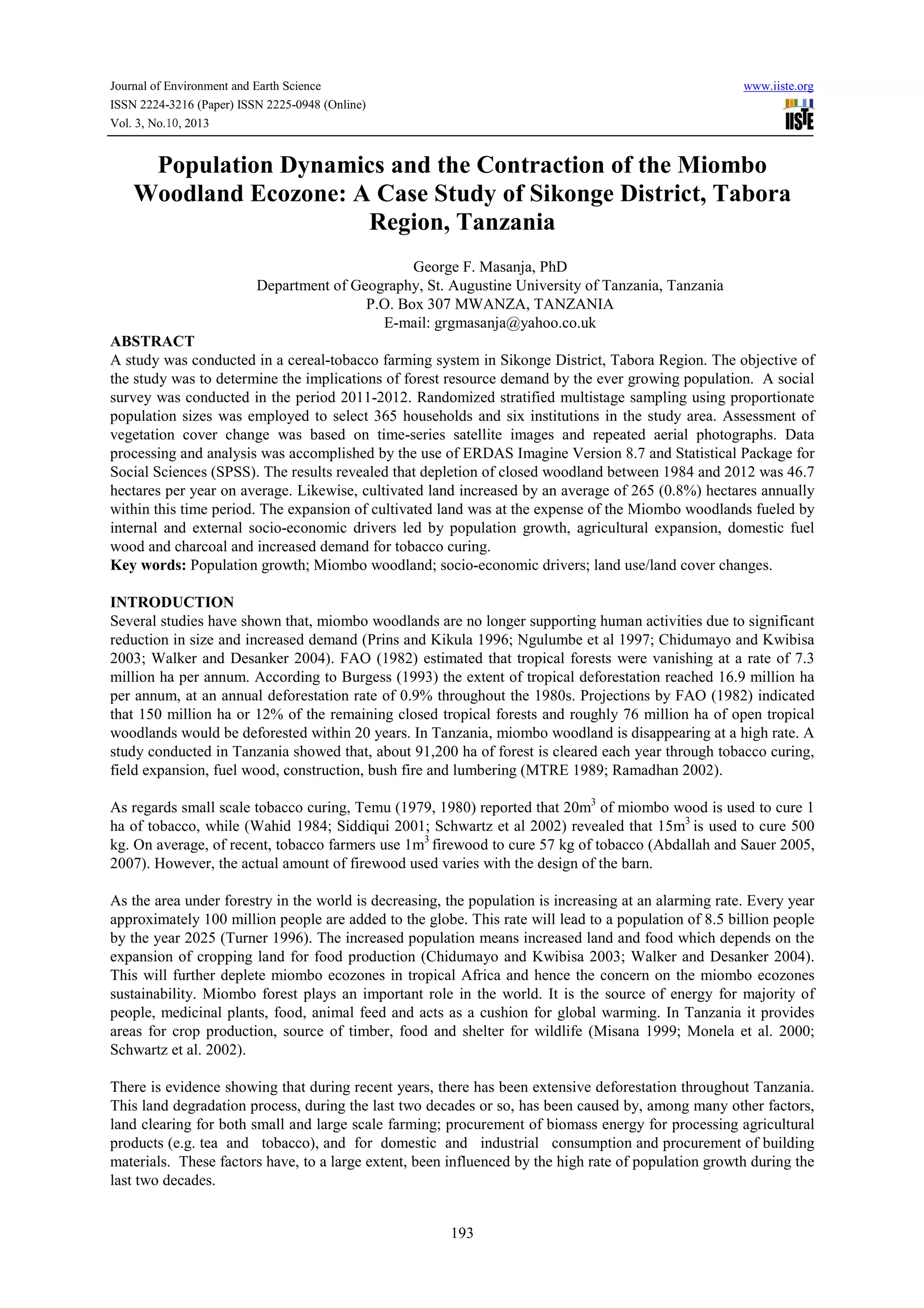 Population dynamics and the contraction of the miombo woodland ecozone ...