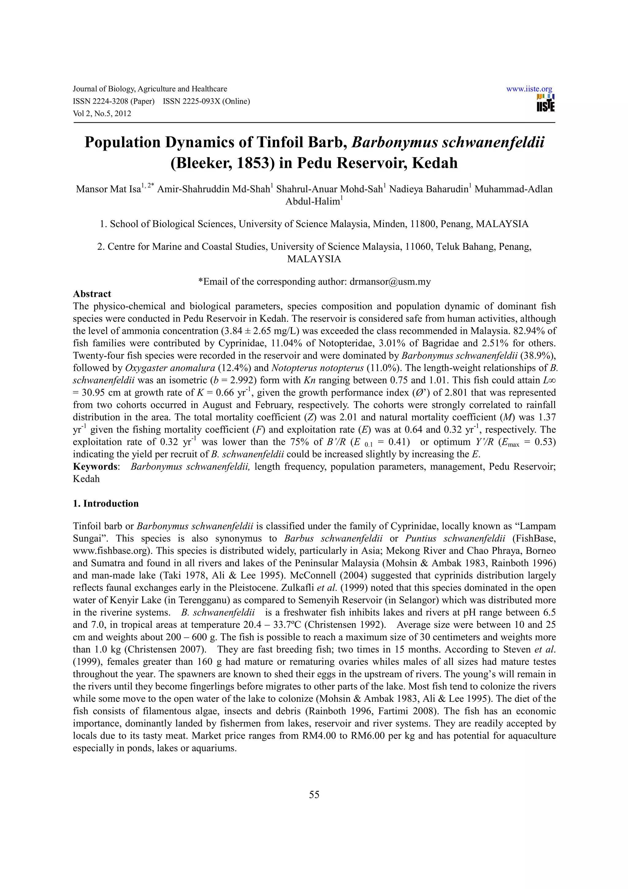 Population dynamics of tinfoil barb, barbonymus schwanenfeldii (bleeker, 1853) in pedu reservoir ...