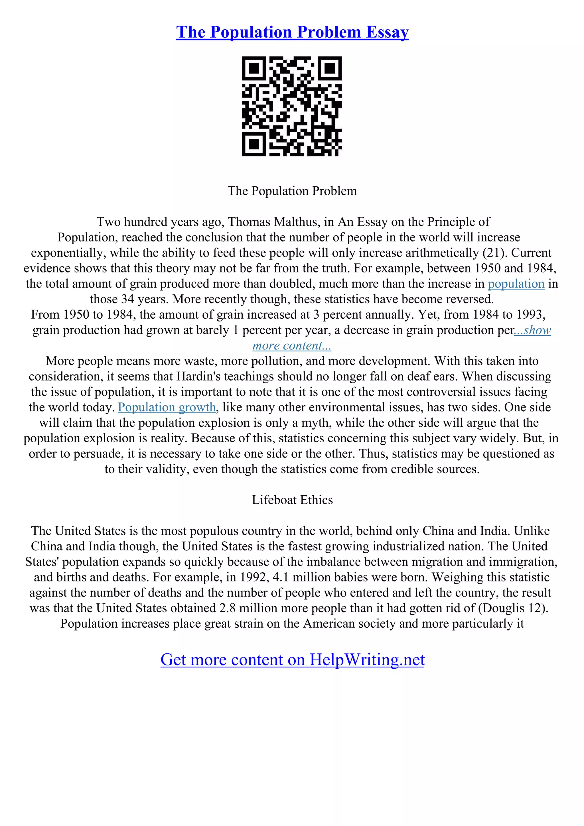 Population Explosion Essay | PDF