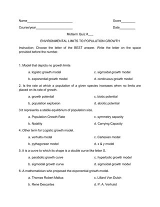 Population growth is limited by the environment quiz | DOC