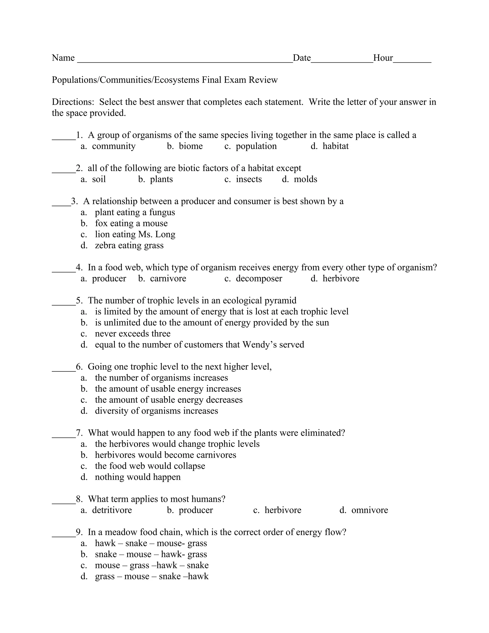 Populations Communities Ecosystems Final Exam Review | DOC