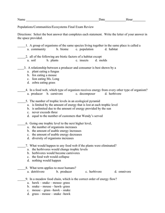 Populations Communities Ecosystems Final Exam Review | DOC | Biological ...