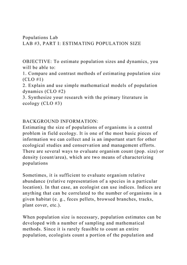 Populations Lablab 3 Part I Estimating Population Sizeo Docx