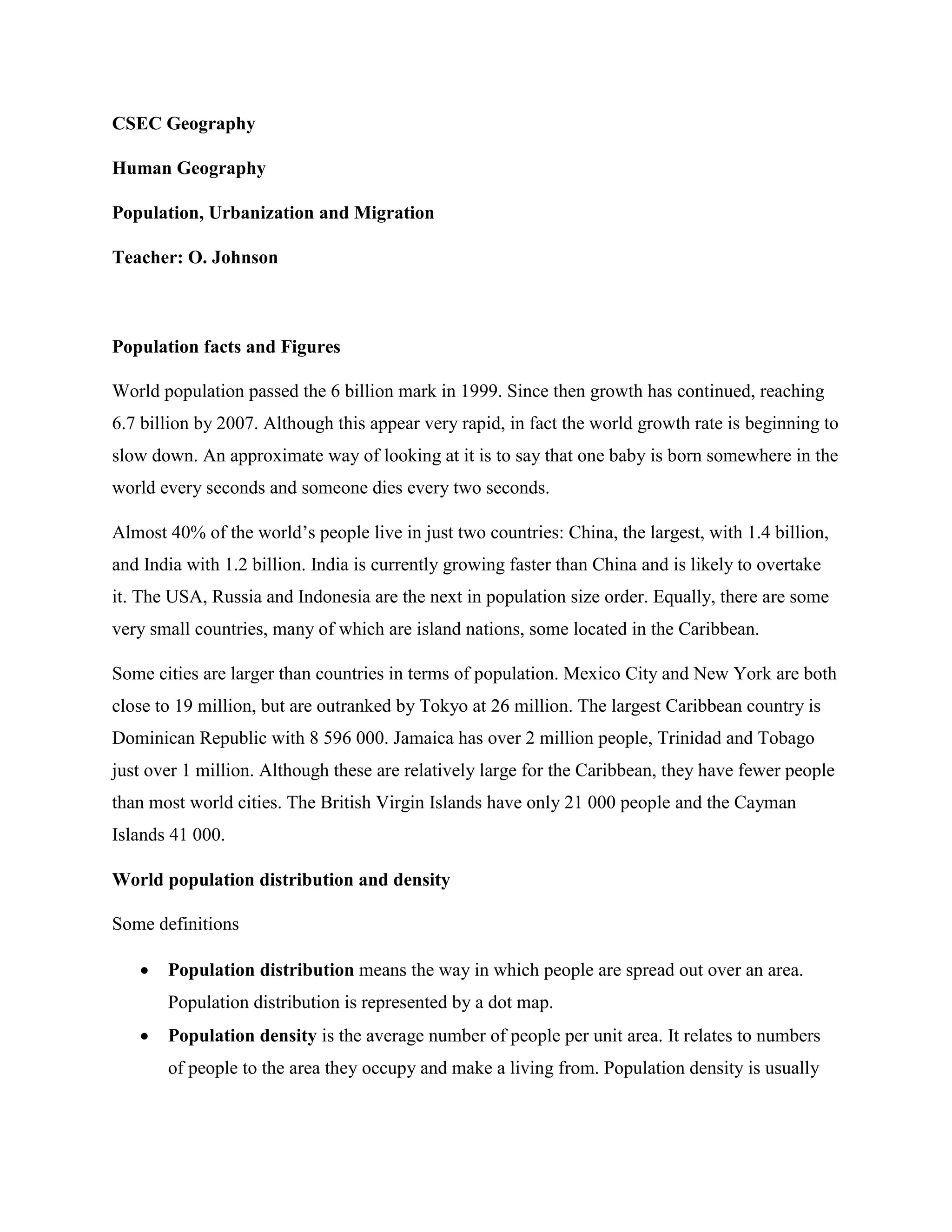 CSEC Human Geography- Population , Urbanization and Migration | PDF