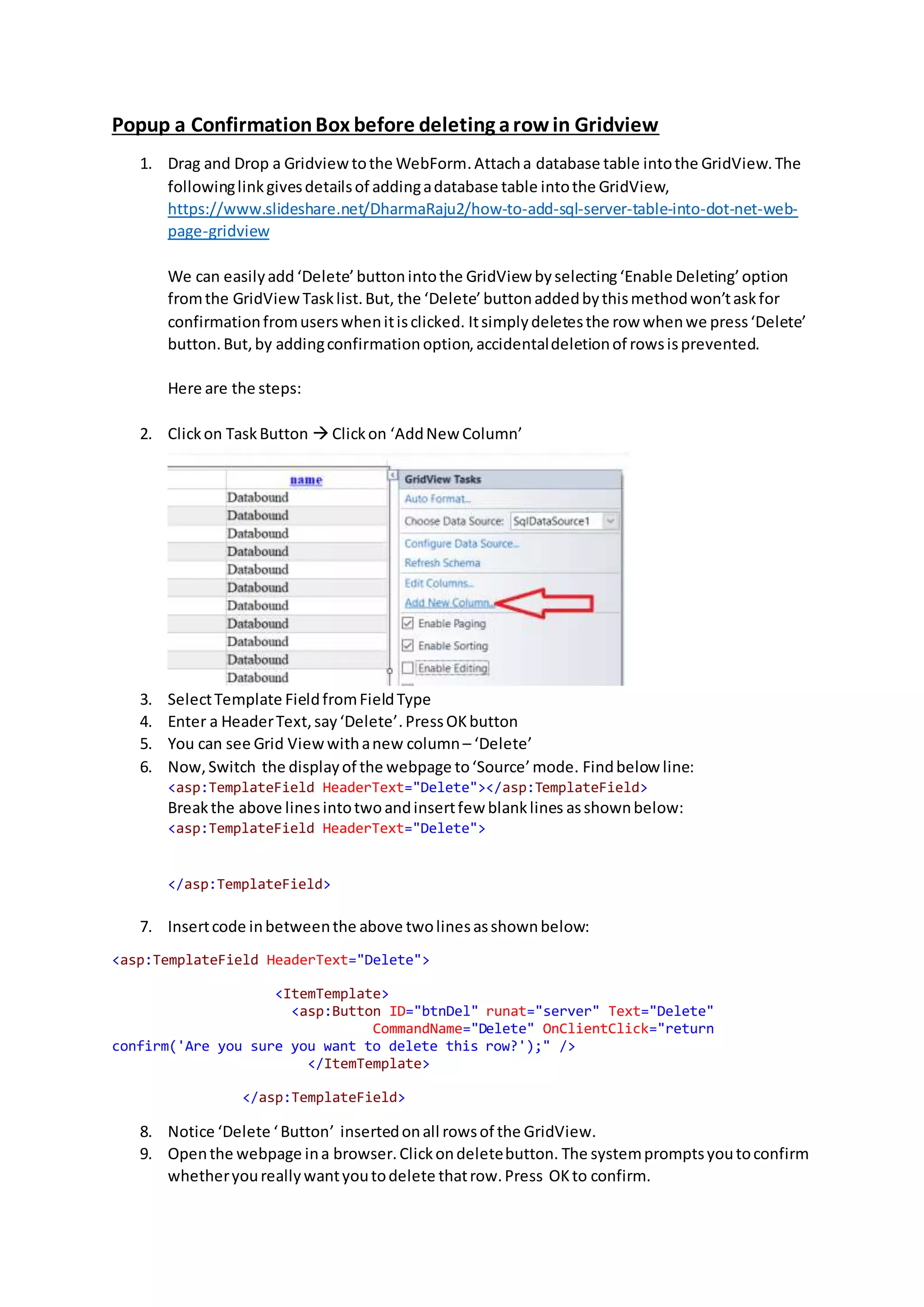 Popup confirmation for Delete Button in GridView | DOCX