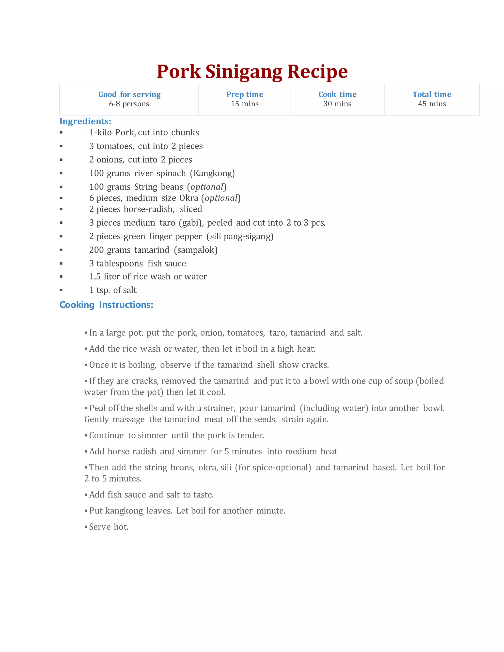 Pork sinigang recipe | DOCX