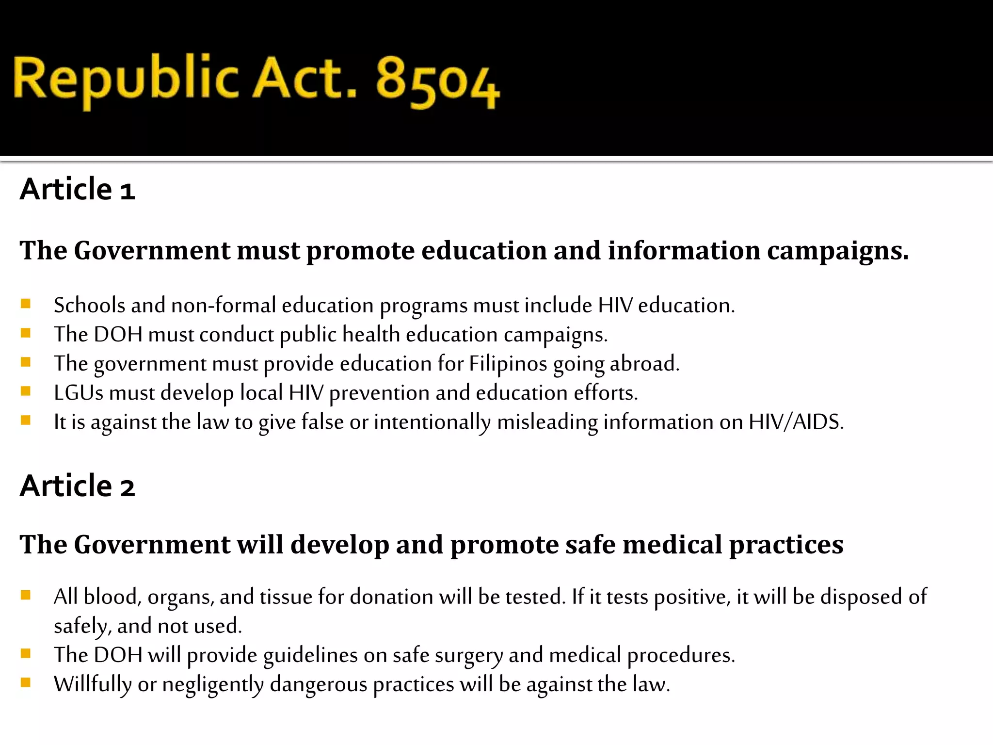 Republic Act 8504: Philippine AIDS Prevention and Control Act of 1998 ...