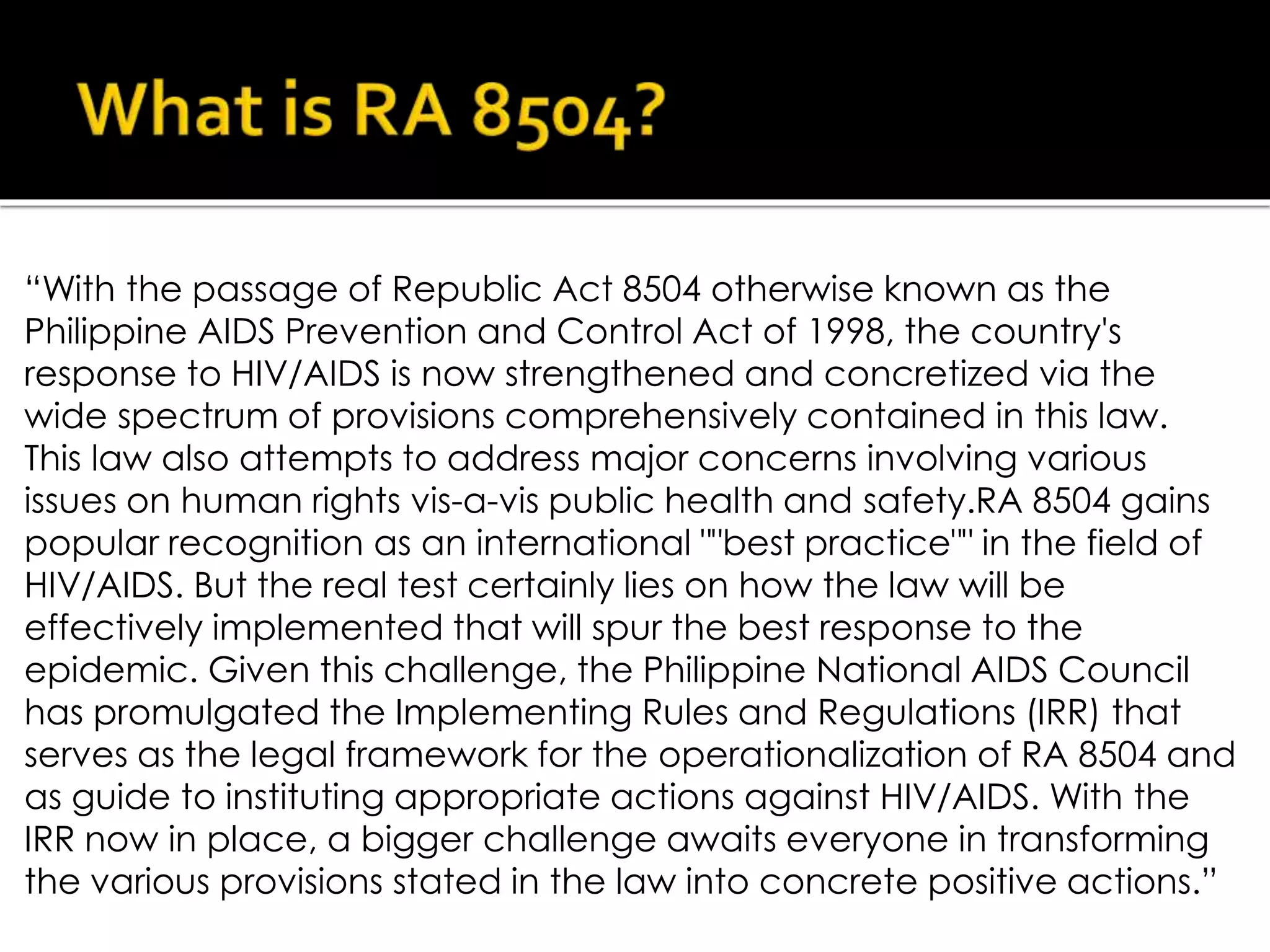 Republic Act 8504: Philippine AIDS Prevention and Control Act of 1998 ...