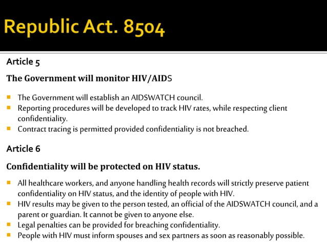 Republic Act 8504: Philippine AIDS Prevention and Control Act of 1998 | PPT