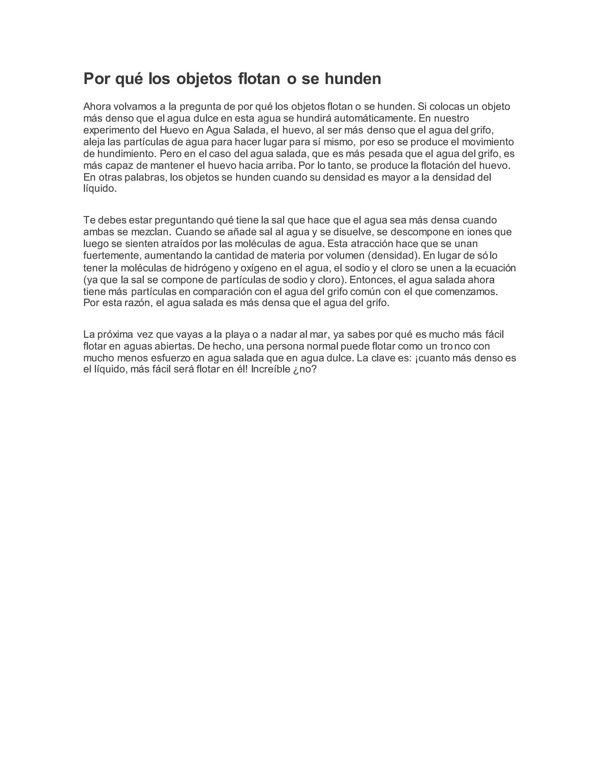 Por qué los objetos flotan o se hunden | DOCX