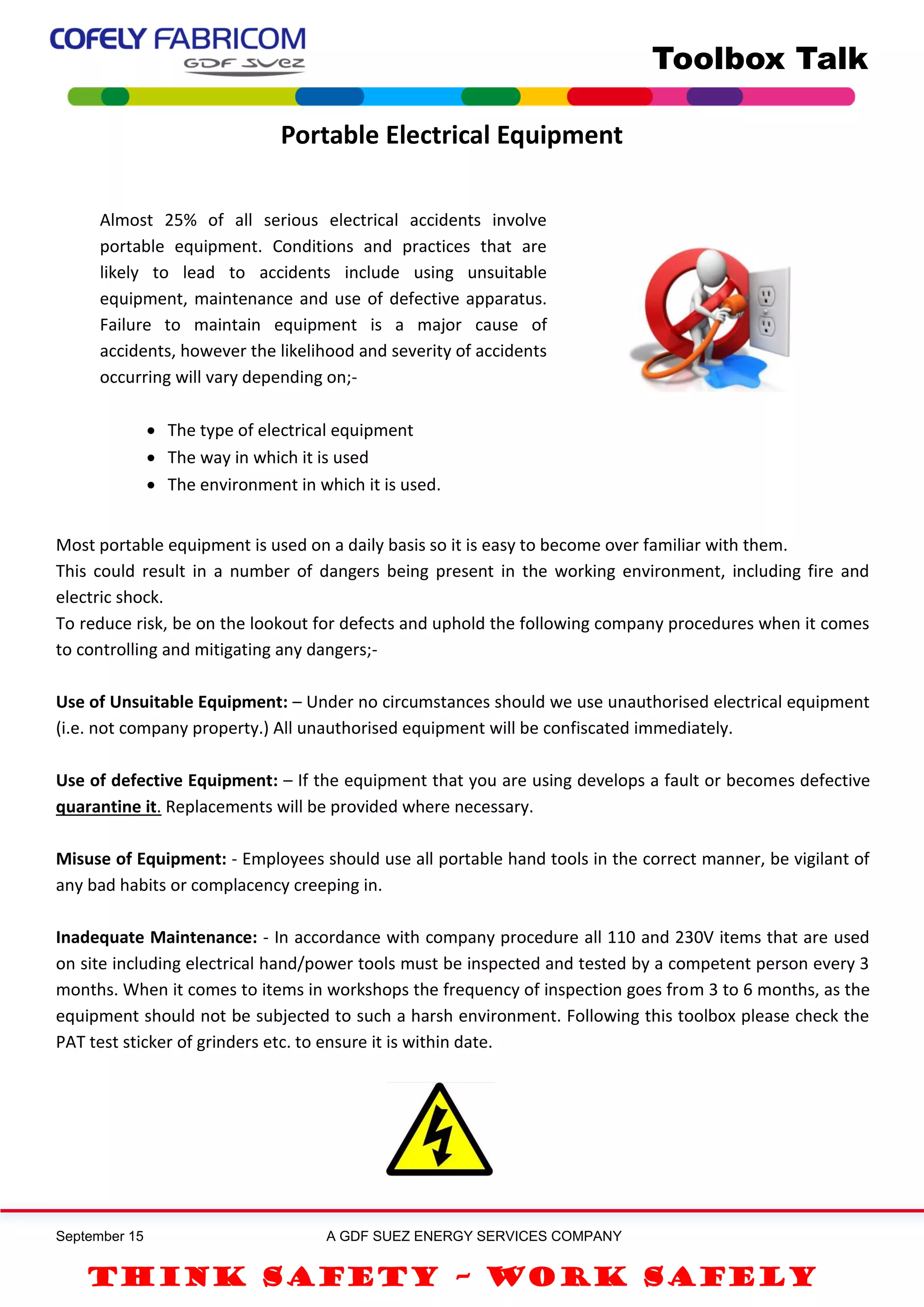 Toolbox Talk | Portable electricial equipment | PDF