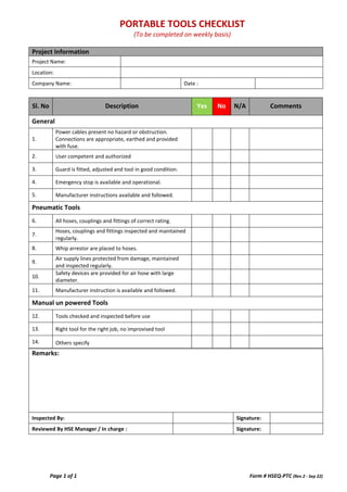 PORTABLE TOOLS CHECKLIST Form # HSEQ - PTC Rev 2 -.docx