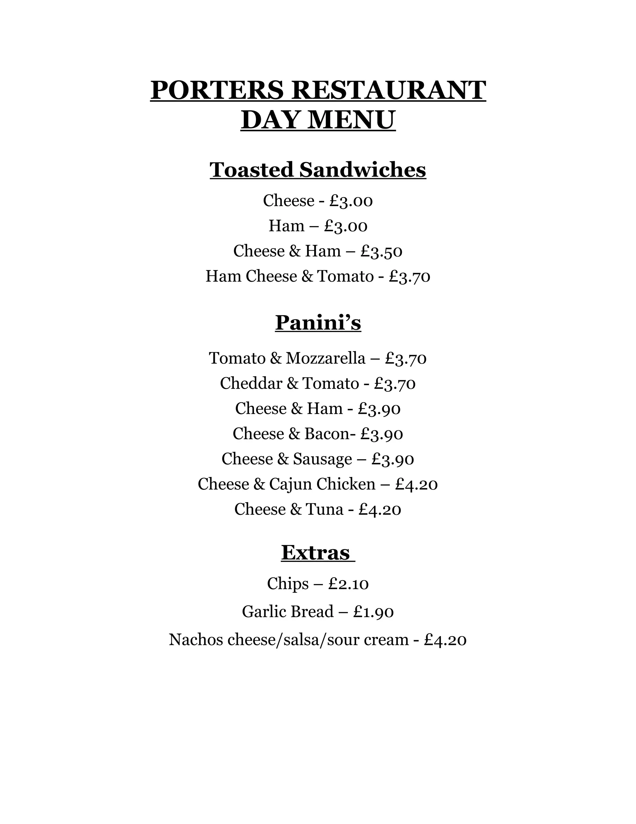 PORTERS RESTAURANT MENU | DOC