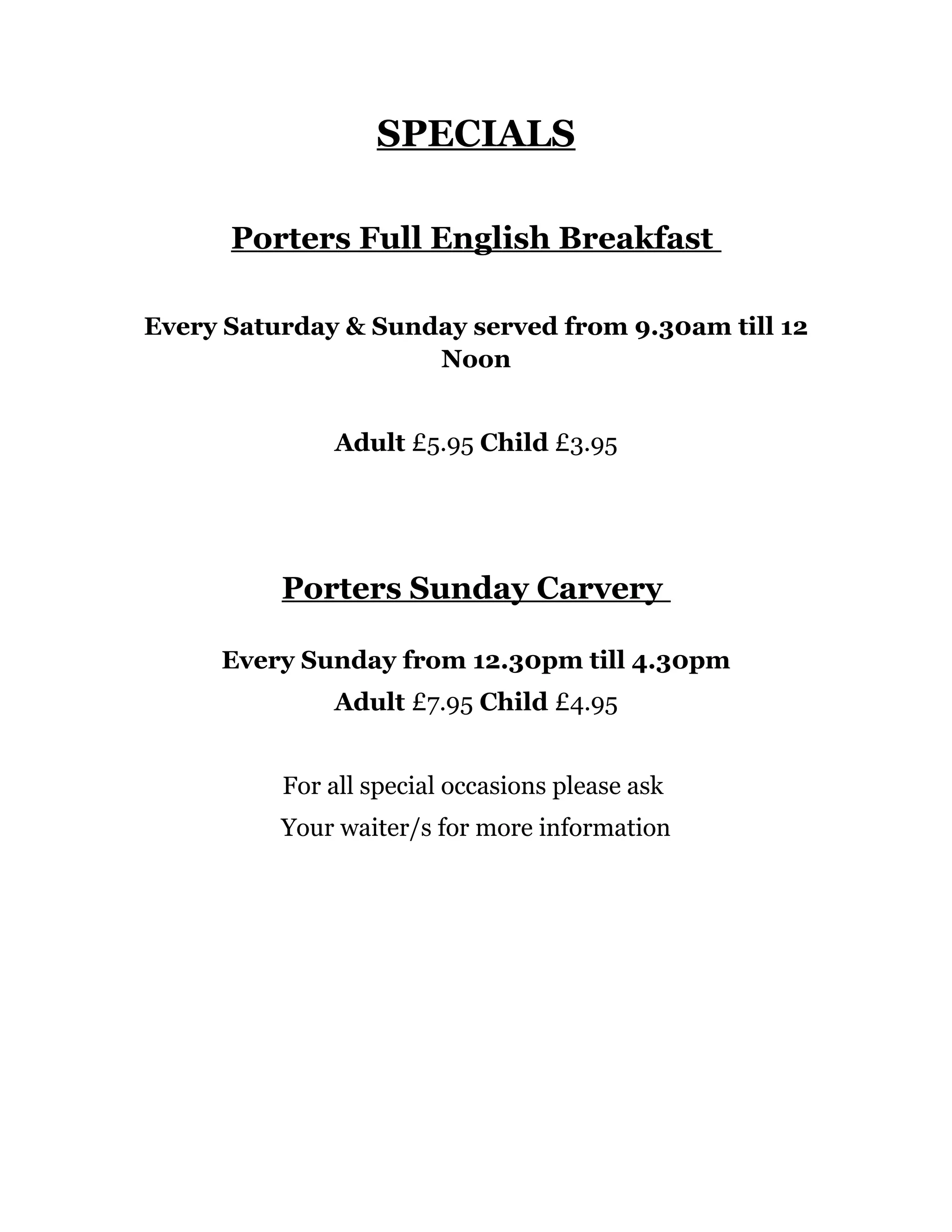 PORTERS RESTAURANT MENU | DOC