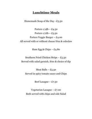 PORTERS RESTAURANT MENU | DOC
