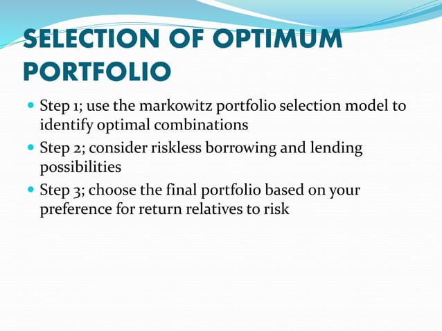 Portfolio analysis selection; portfolio theory, return portfolio risk ...