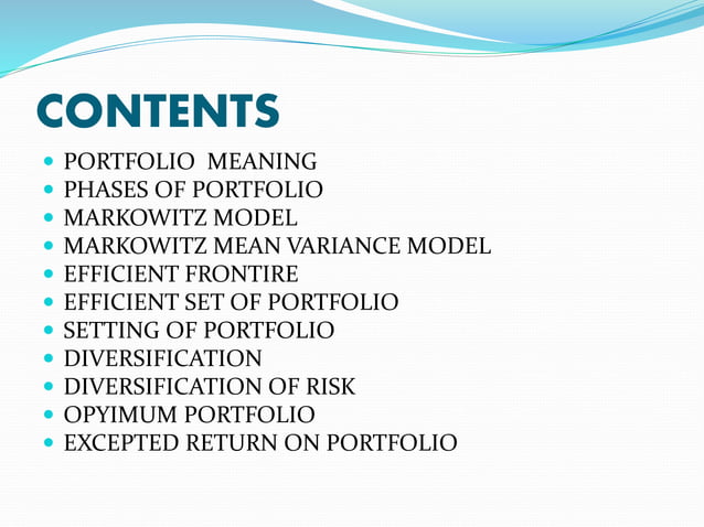 Portfolio analysis selection; portfolio theory, return portfolio risk, efficient set of ...