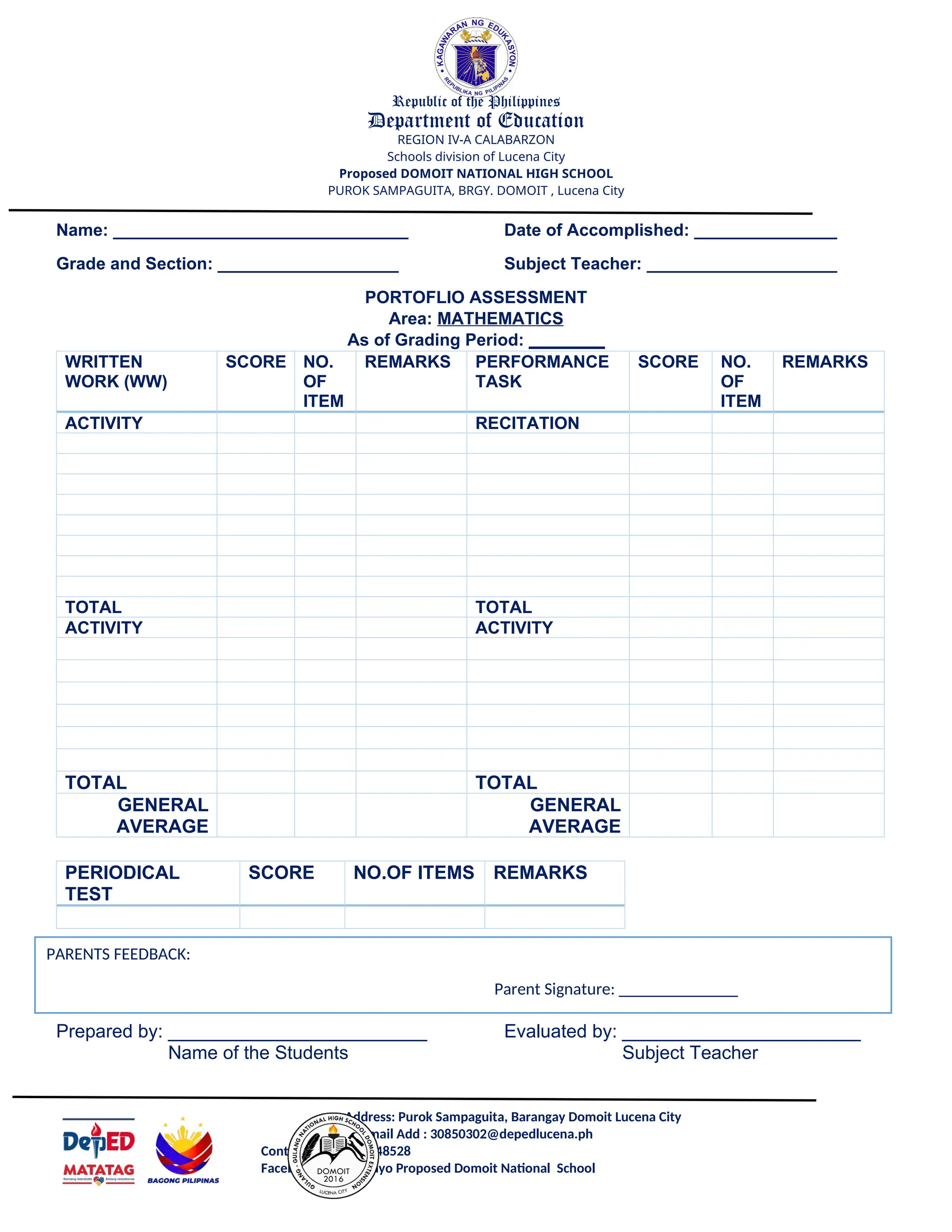 Students Portfolio Assessment Tool for every Quarter | PDF