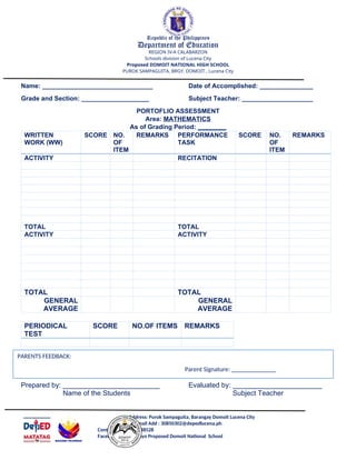 Students Portfolio Assessment Tool for every Quarter | DOCX