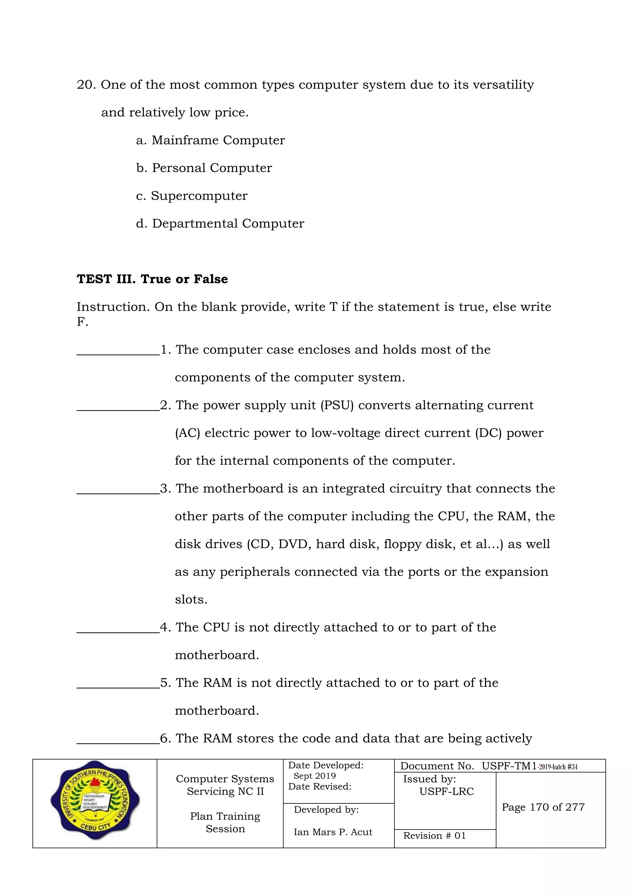 TESDA TM1 Portfolio Computer Systems Servicing NC II | PDF