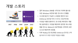 개발 스토리 • 결국 Windows 2000을 시작으로 이후에 출시된 모든 Windows 버전에 대한 전수조사 진행함. • 시스템 접근이 가능한 스크립팅 엔진이 있고 ECMAScript 표준을 따르고 있다는 것을 확인함. • 이것을 이용한 클라우드 모니터링 에이전트 개발 에 성공하였고, 이것을 확장하여 완전한 데스크탑 앱을 만드는 WelsonJS 프로젝트를 시작하여 오픈 소스로 배포하게 되었음. • 이후 Node.js 등 최신화된 ECMAScript 런타임 스펙 을 따라가기 위한 다양한 작업을 수행함  