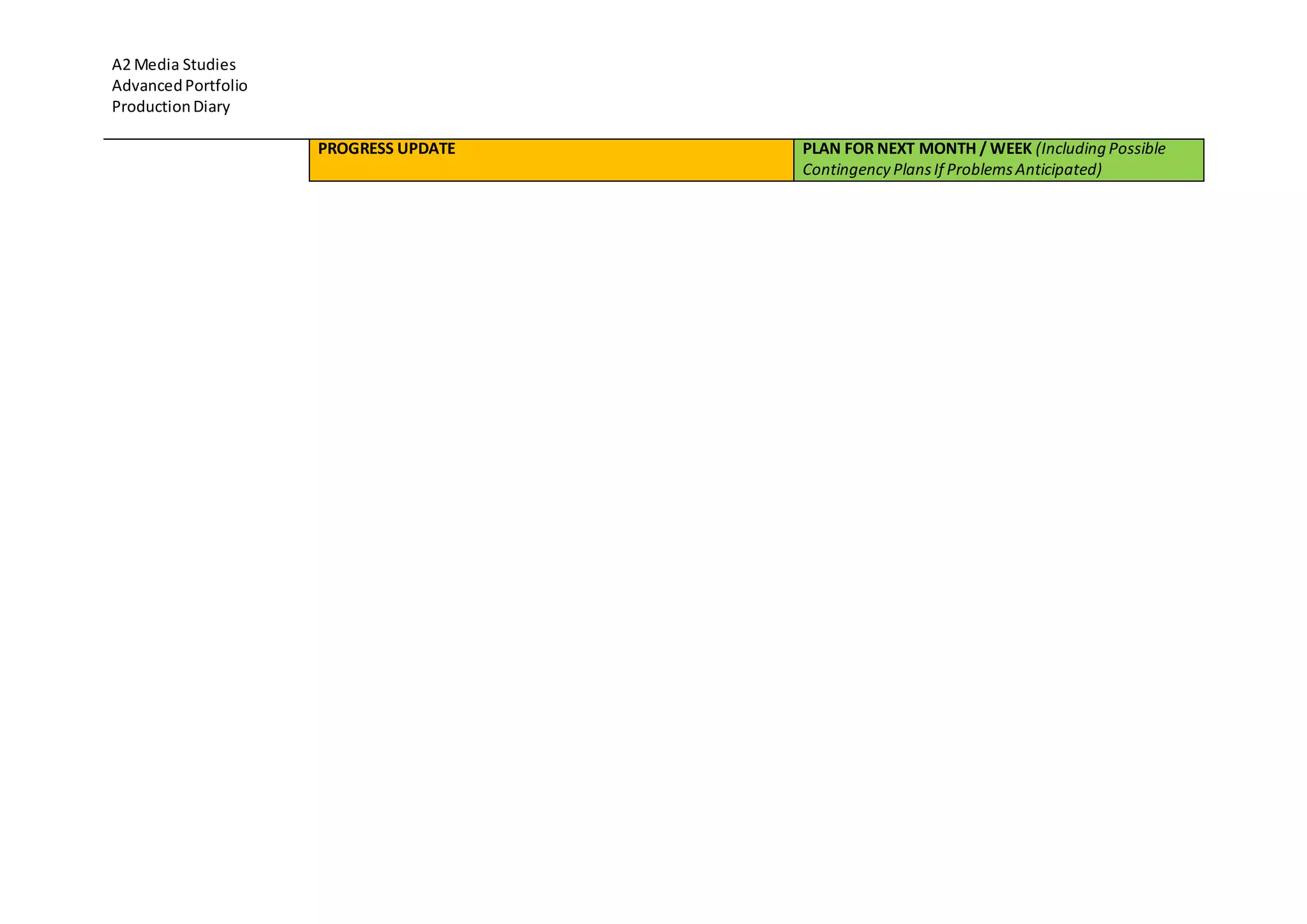 Portfolio production diary template 2 | DOCX