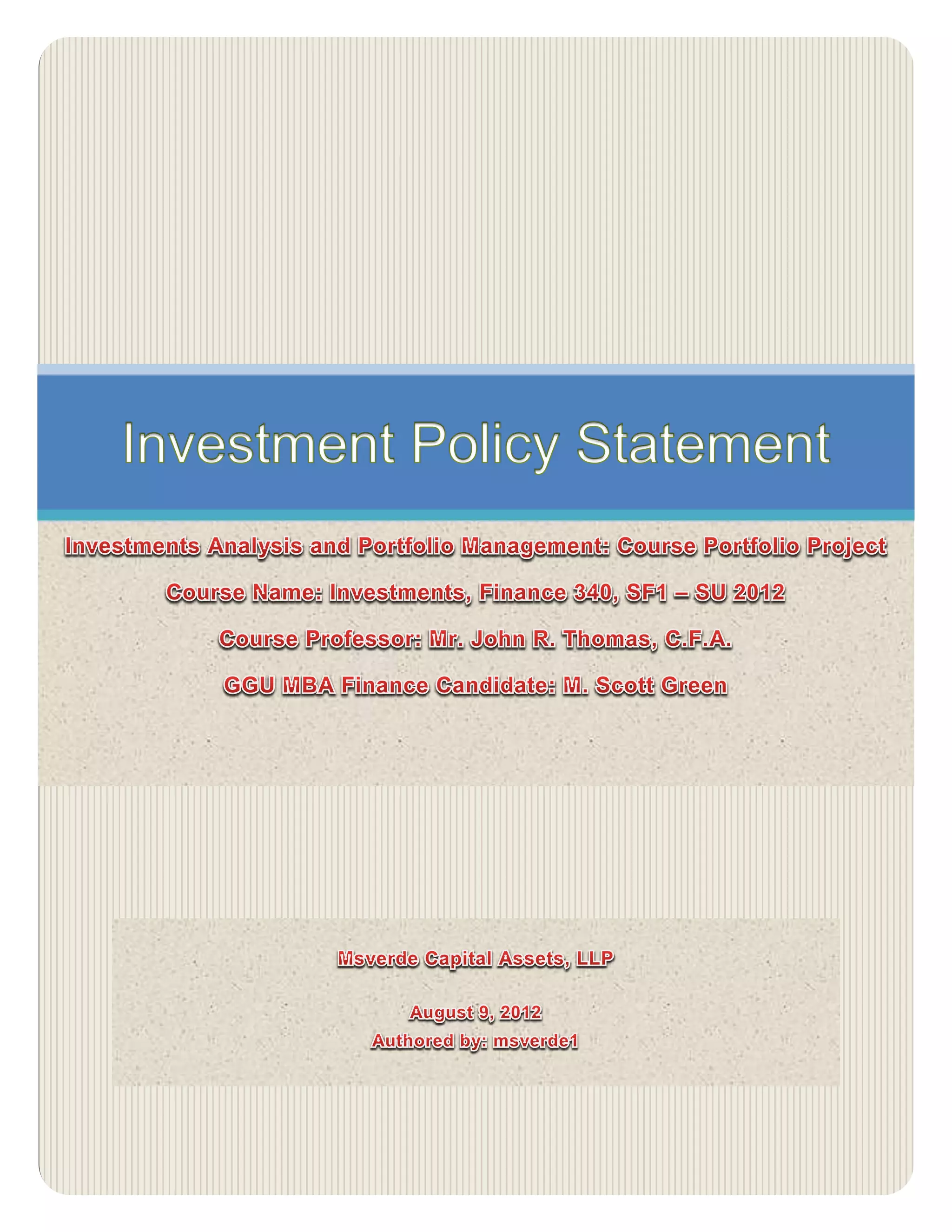 Investment Policy Statement | PDF | Stocks and Bonds | Personal Investing