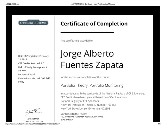 Portfolio Theory and Monitoring Certificate - New York Insitute of ...