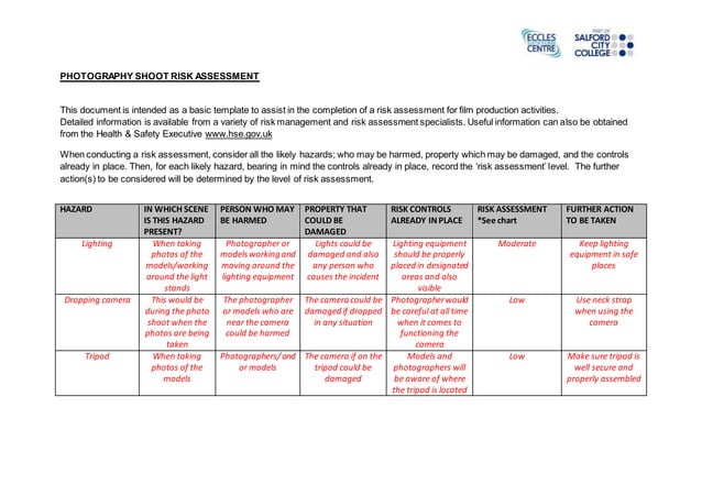 Portrait Photography Shoot Risk Assessment Form | PPT