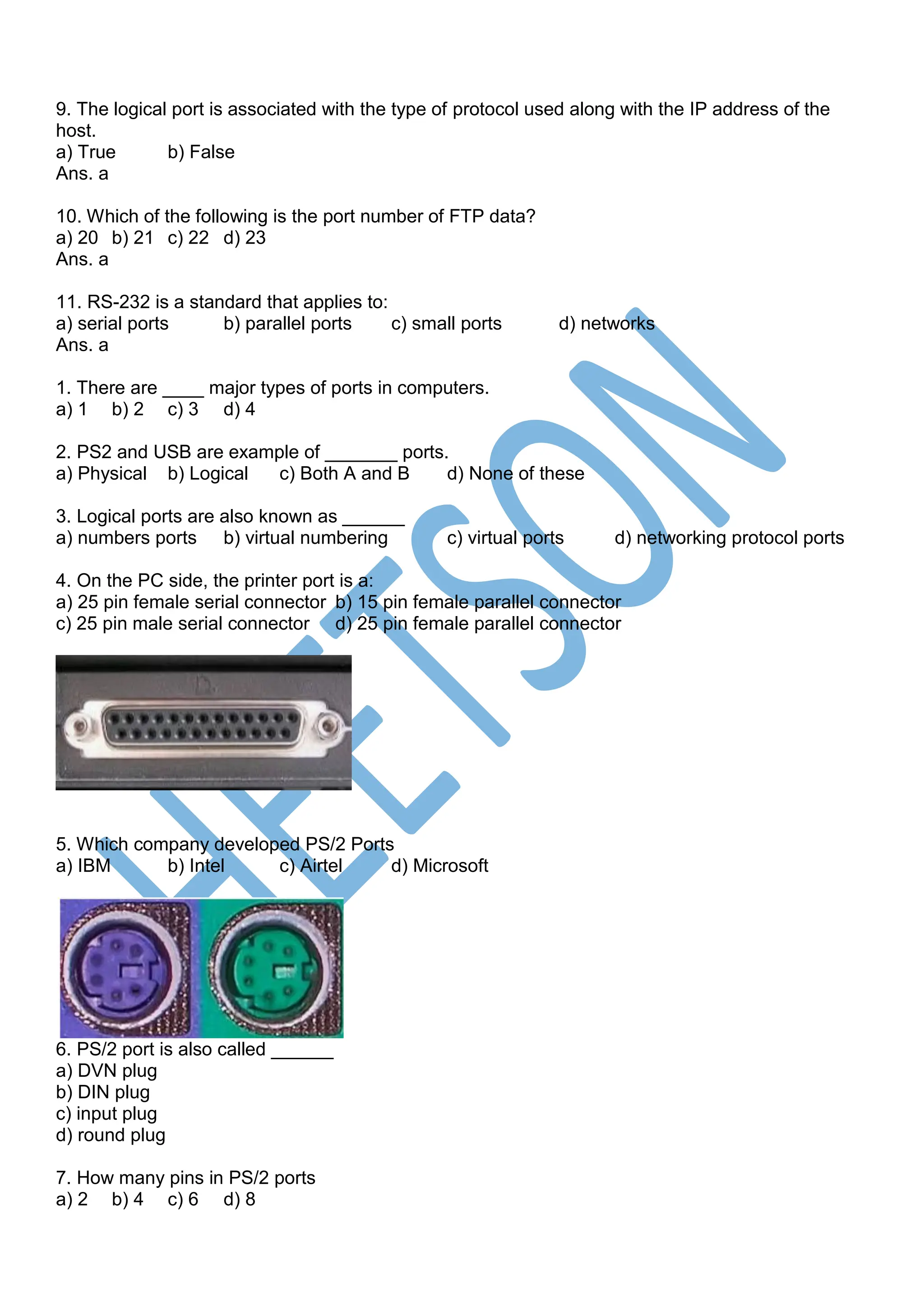 Computer Ports MCQ (Cables and Connectors) | PDF