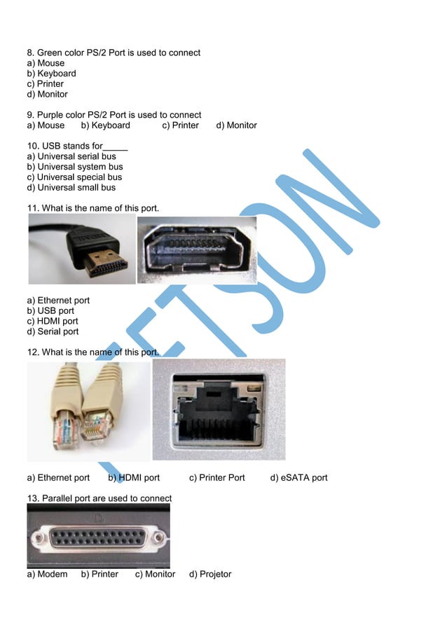 Computer Ports MCQ (Cables and Connectors) | PDF