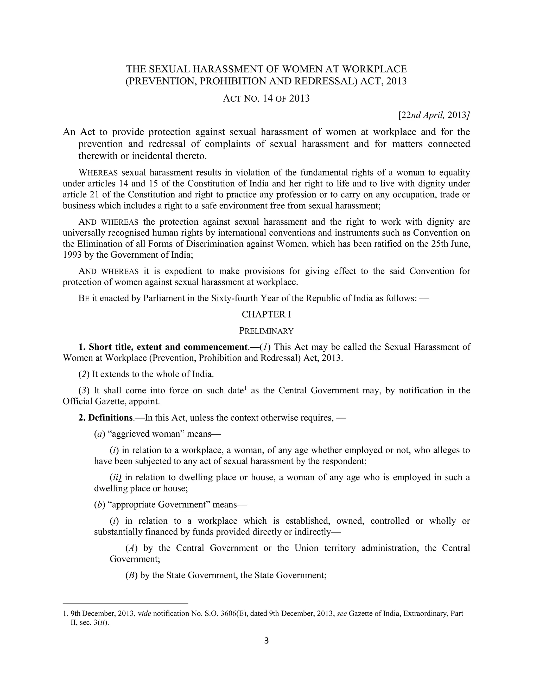 POSH Act 2013 (PREVENTION, PROHIBITION AND REDRESSAL of Sexual Harassment) | PDF