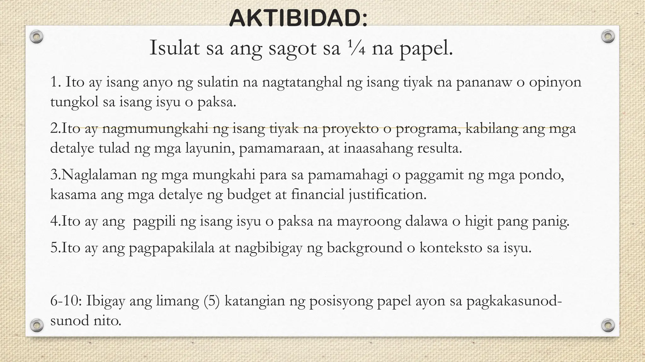 Posisyong Papel.Filipino sa Piling Larang pptx | PPTX