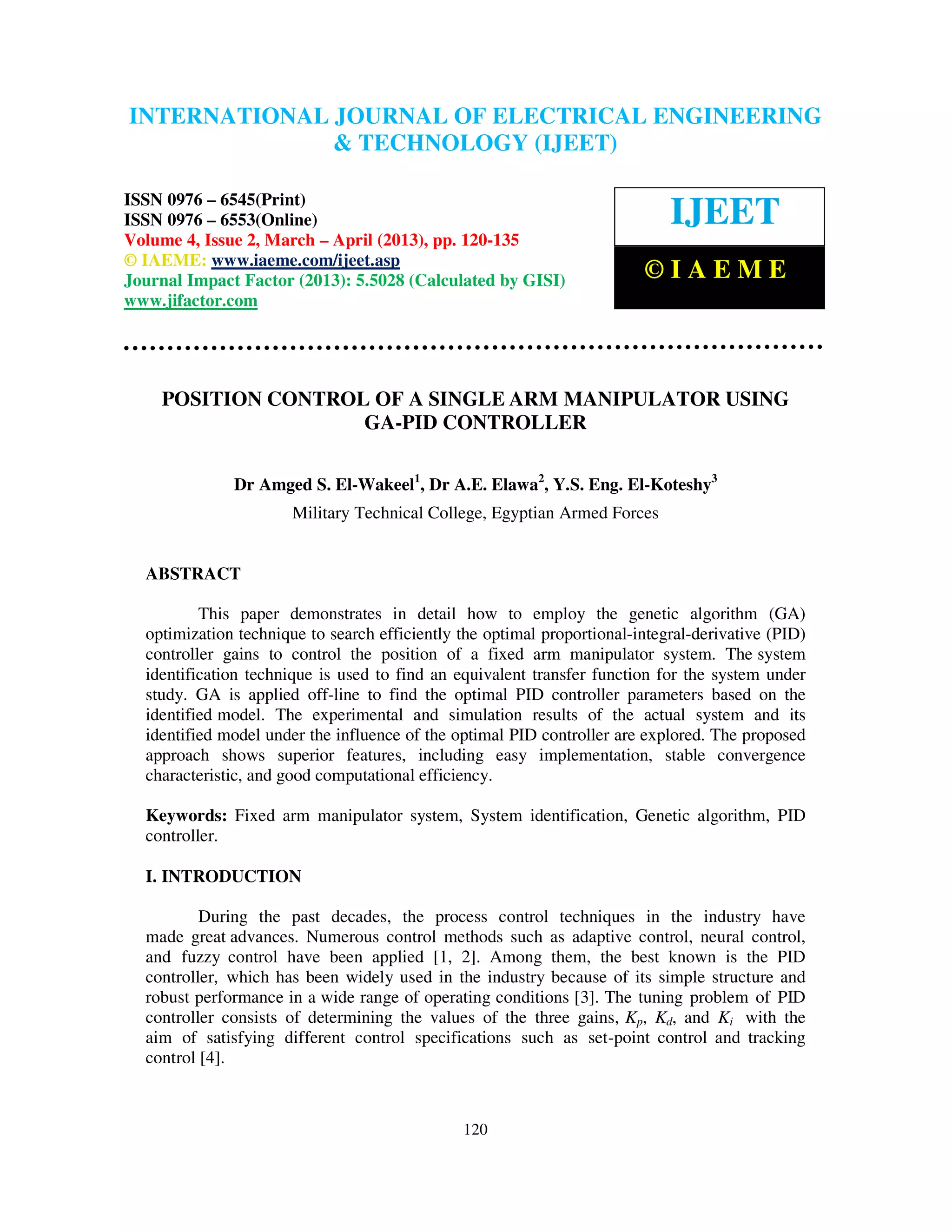 Position control of a single arm manipulator using ga pid controller | PDF
