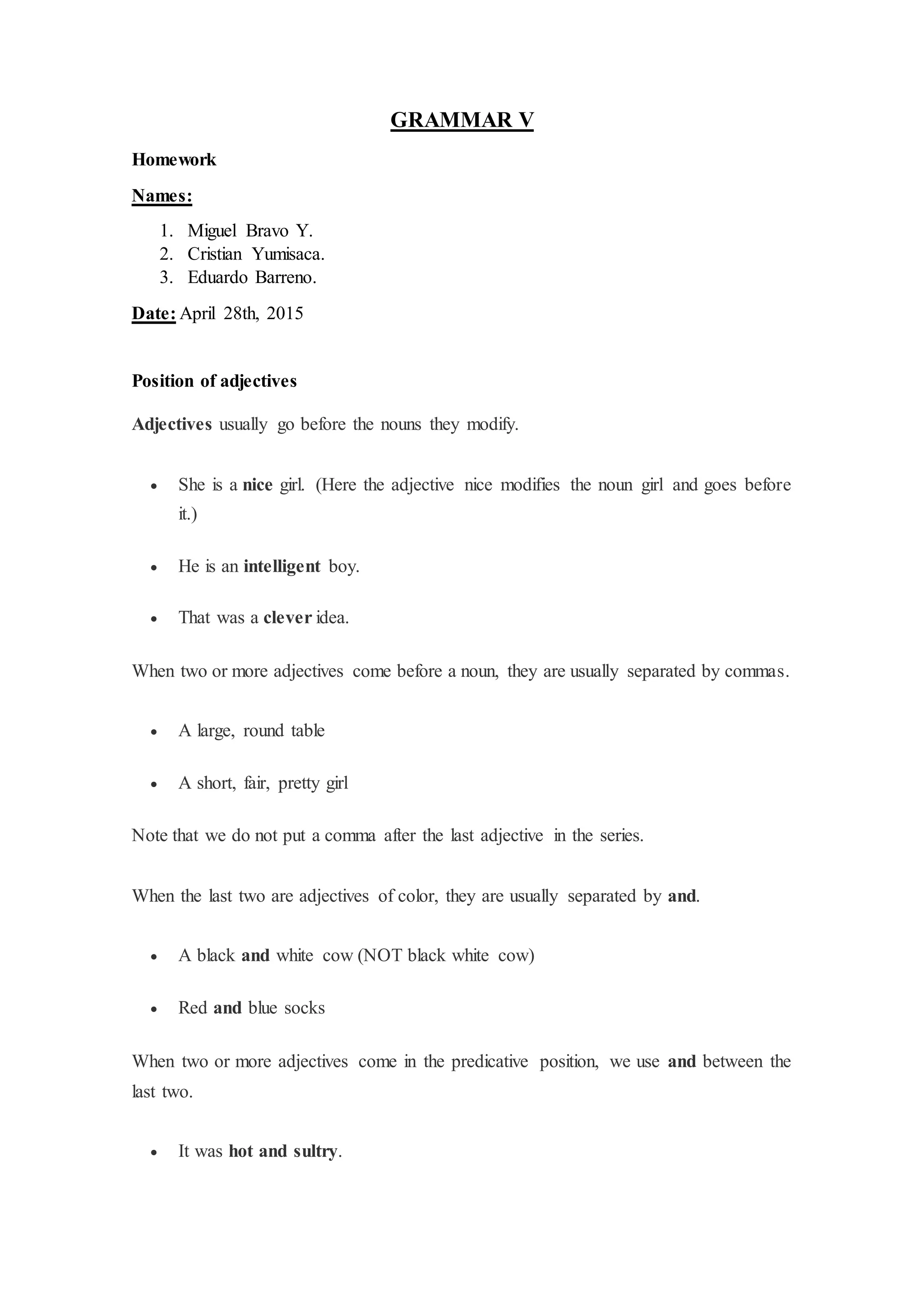Grammar V Homework: Adjective Position Rules | PDF