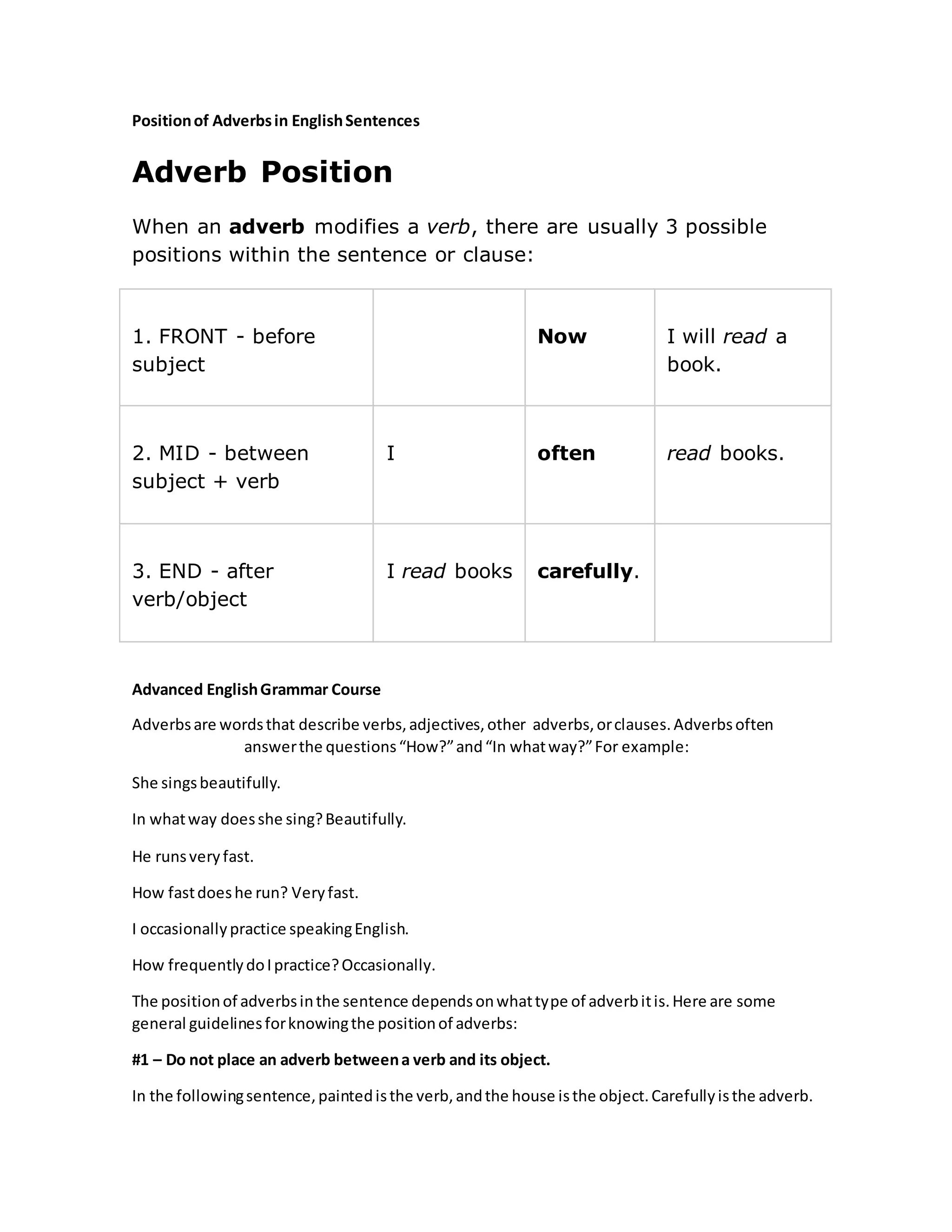 Position of adverbs in english sentences and fronting | DOCX