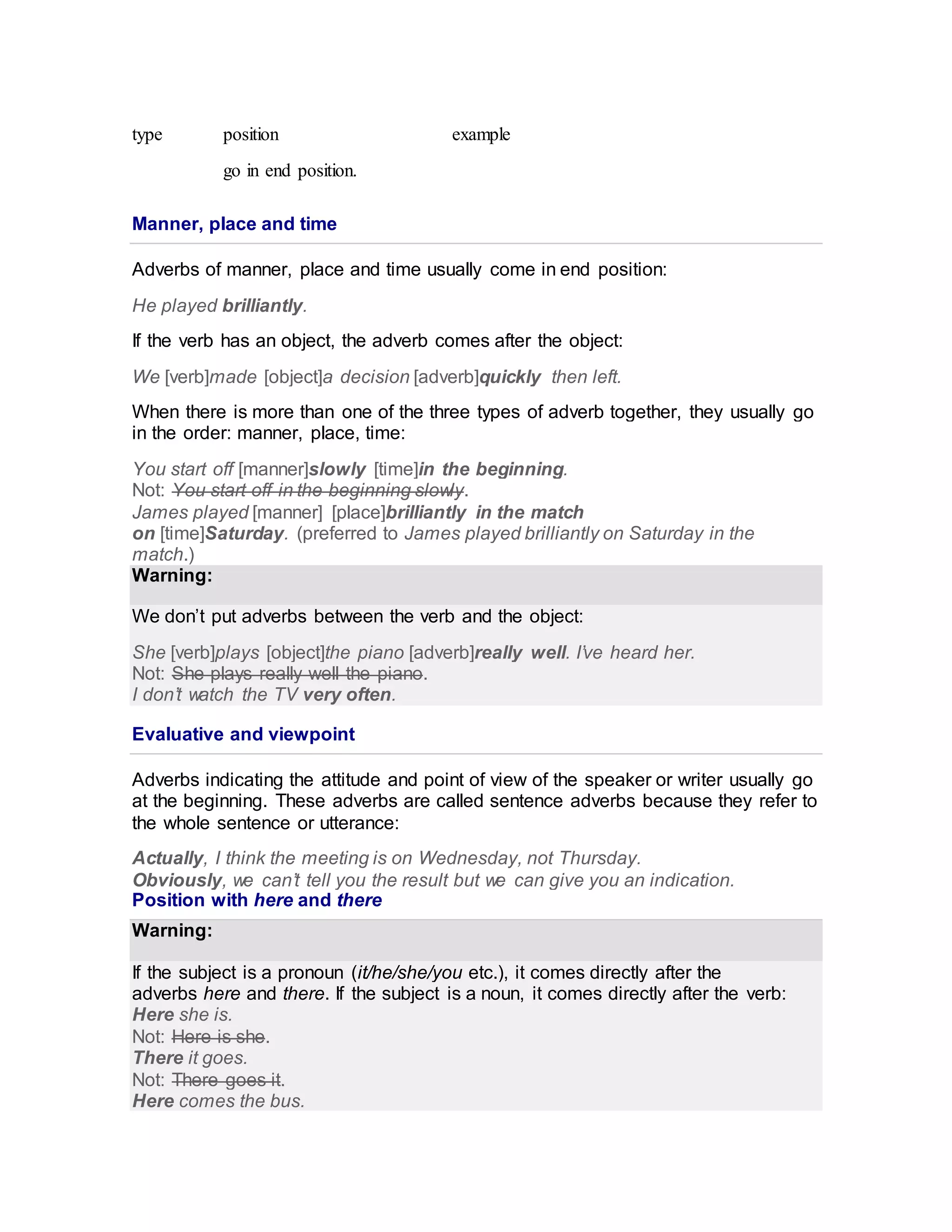 Position of adverbs in english sentences and fronting | DOCX