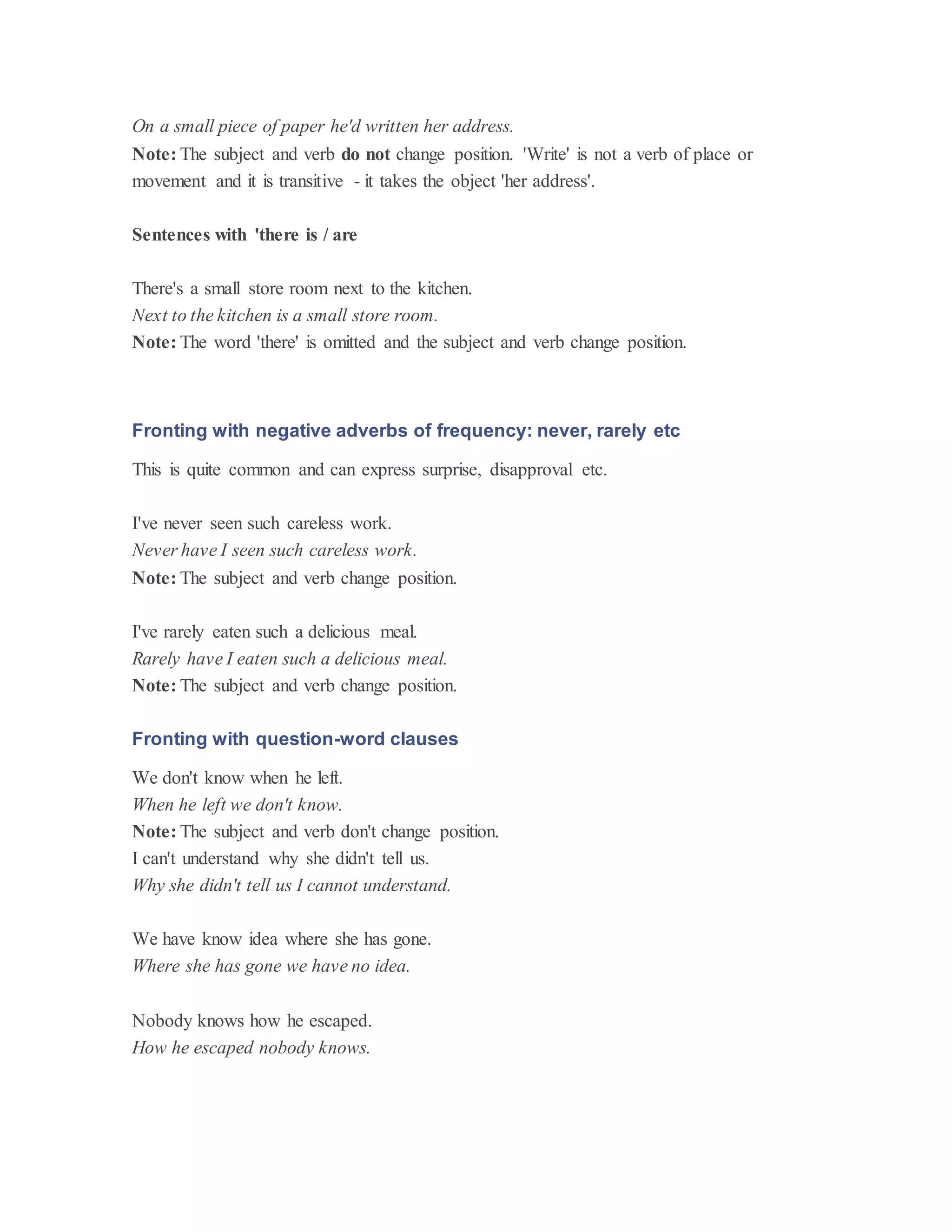 Position of adverbs in english sentences and fronting | DOCX