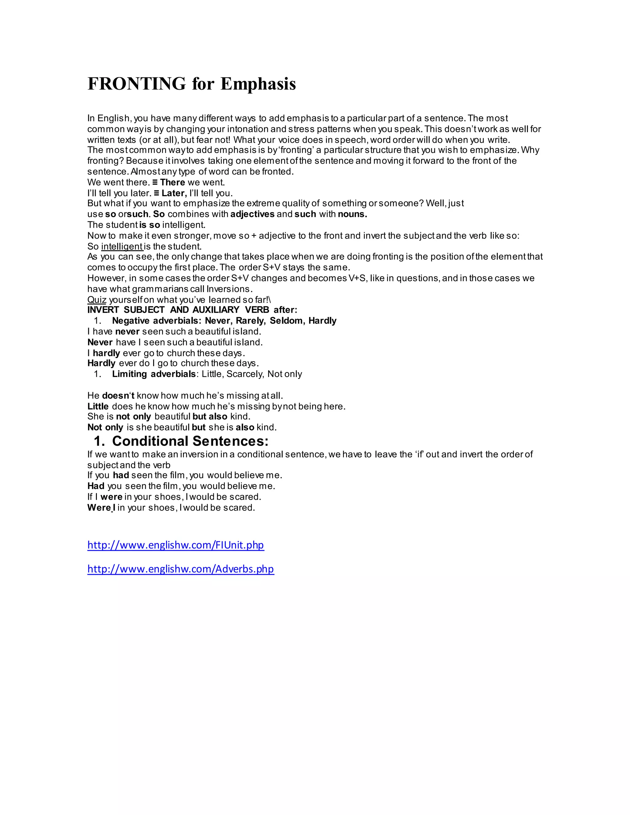 Position of adverbs in english sentences and fronting | DOCX