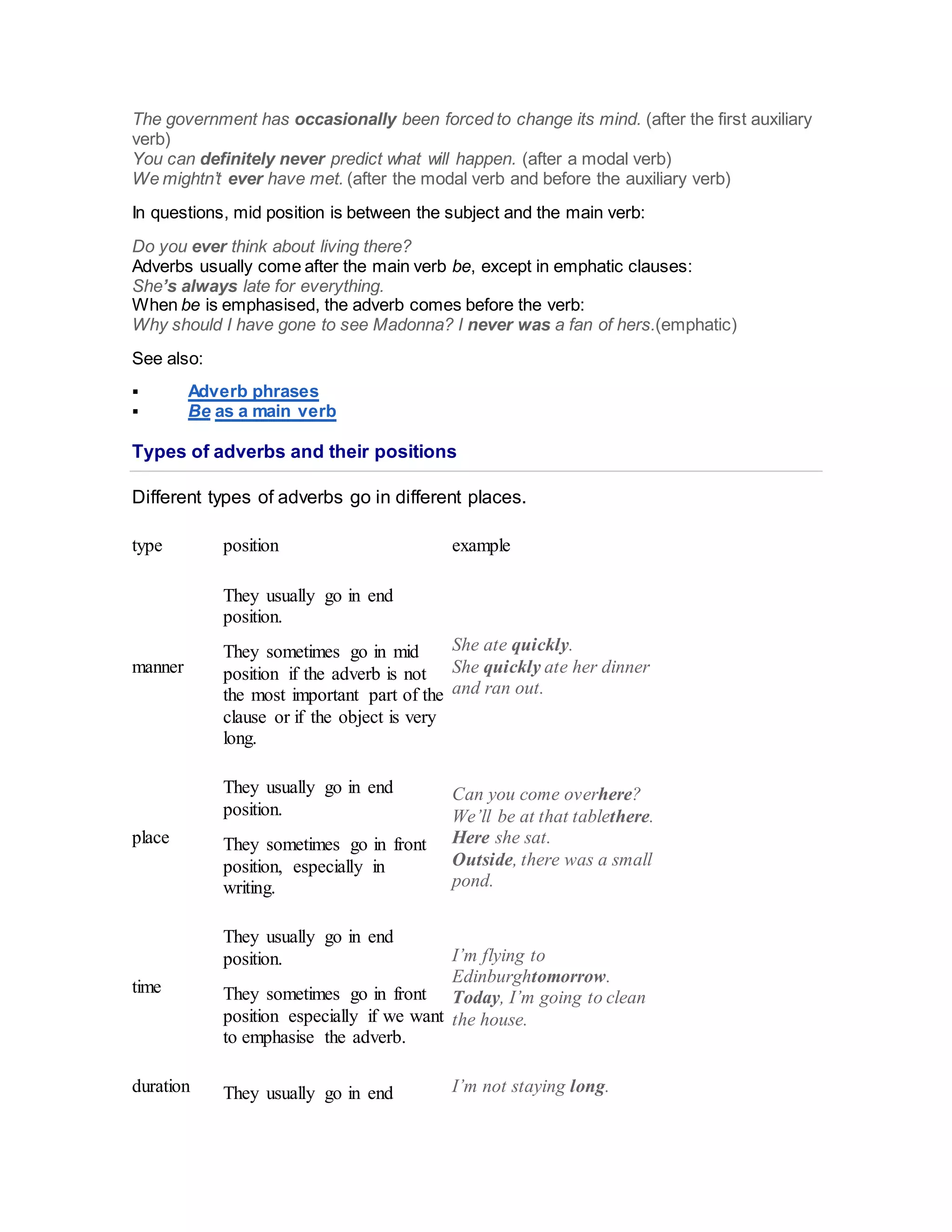 Position of adverbs in english sentences and fronting | DOCX