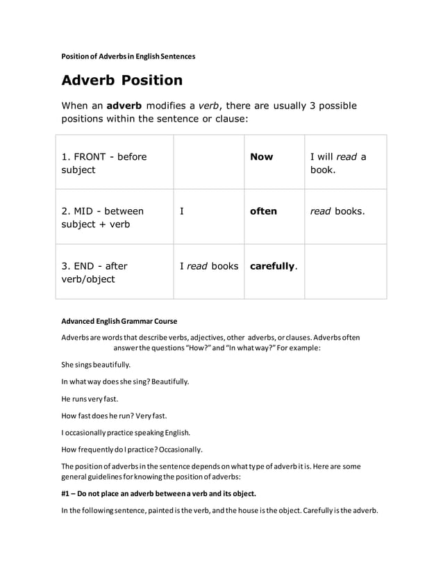 Position of adverbs in english sentences and fronting | DOCX
