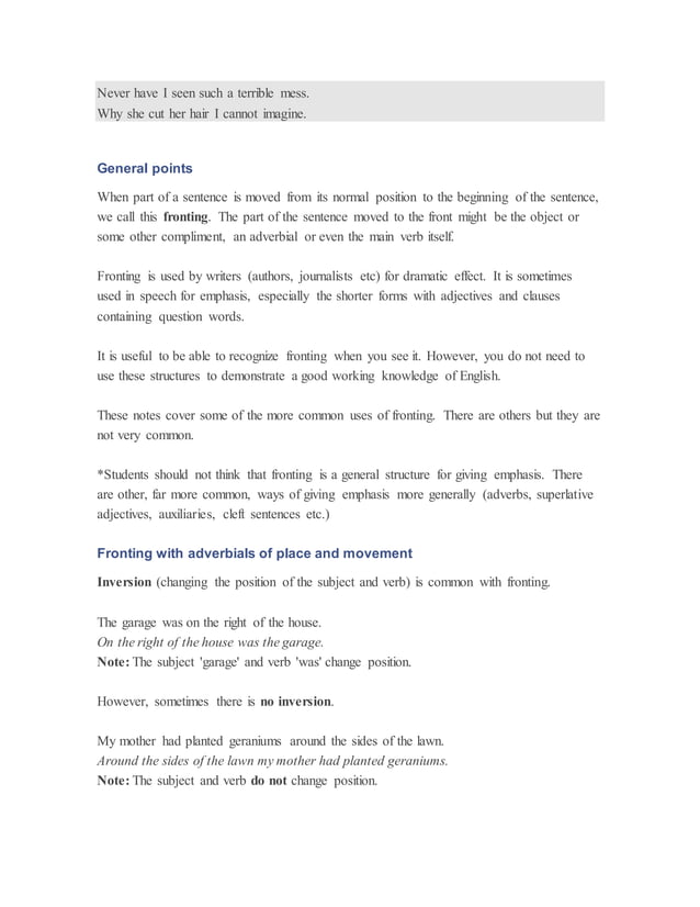 Position of adverbs in english sentences and fronting | DOCX