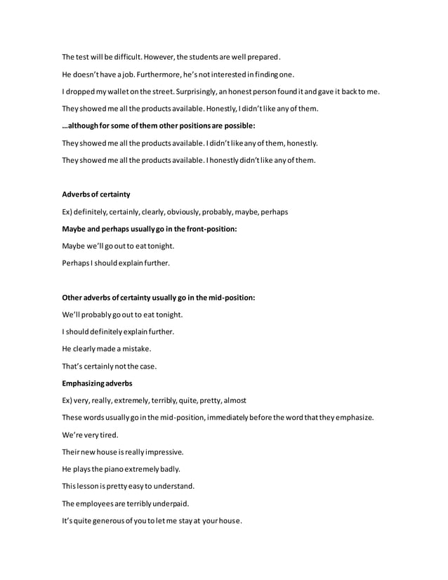 Position of adverbs in english sentences and fronting | DOCX