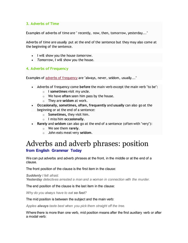 Position of adverbs in english sentences and fronting | DOCX