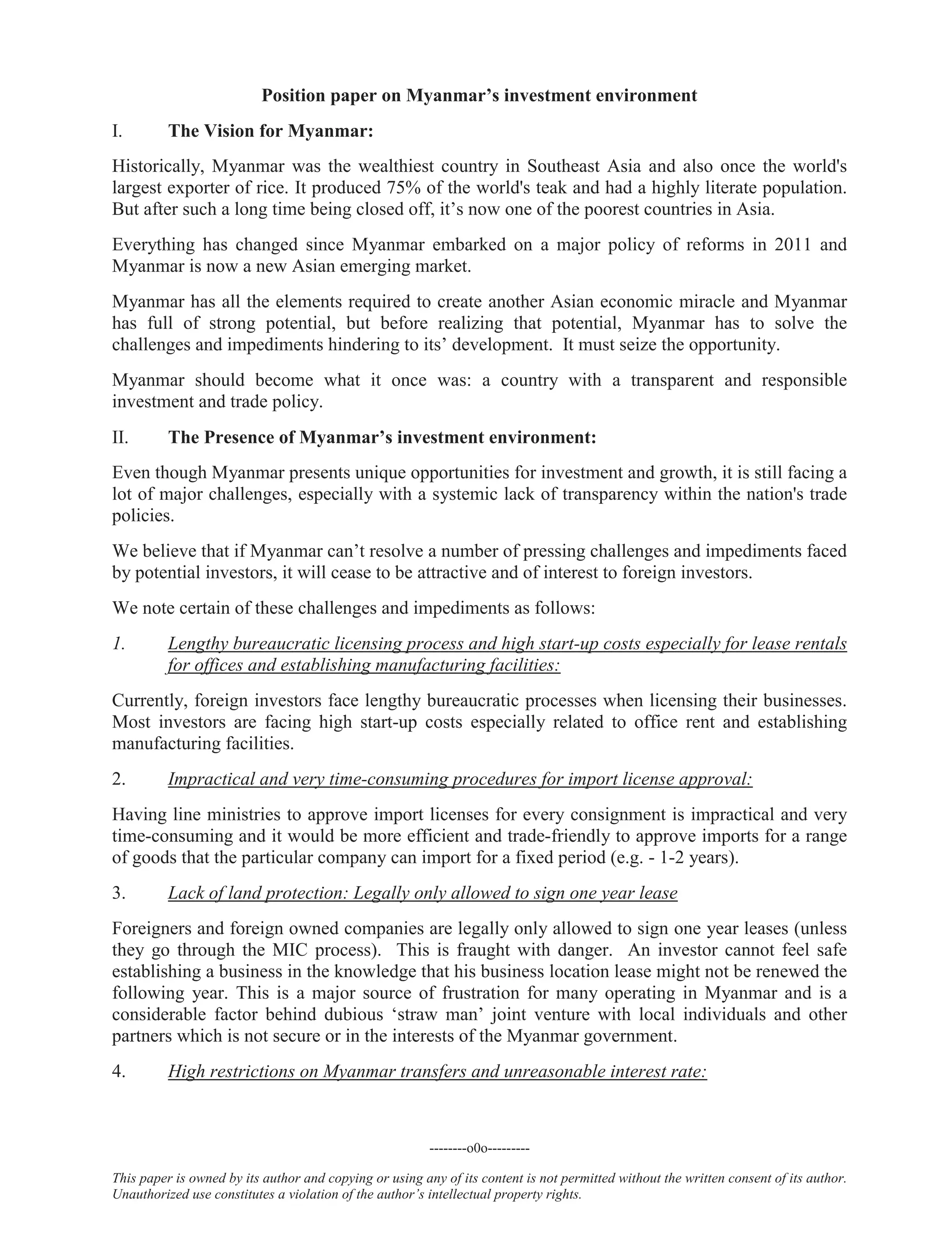 Position paper myanmar investment environment (0115) | PDF