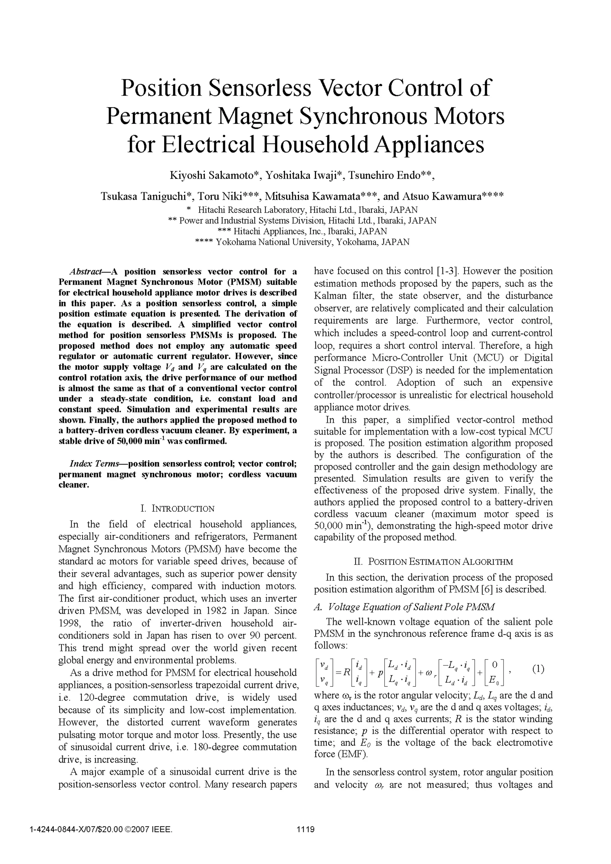 Position sensorless vector control of pmsm for electrical household ...