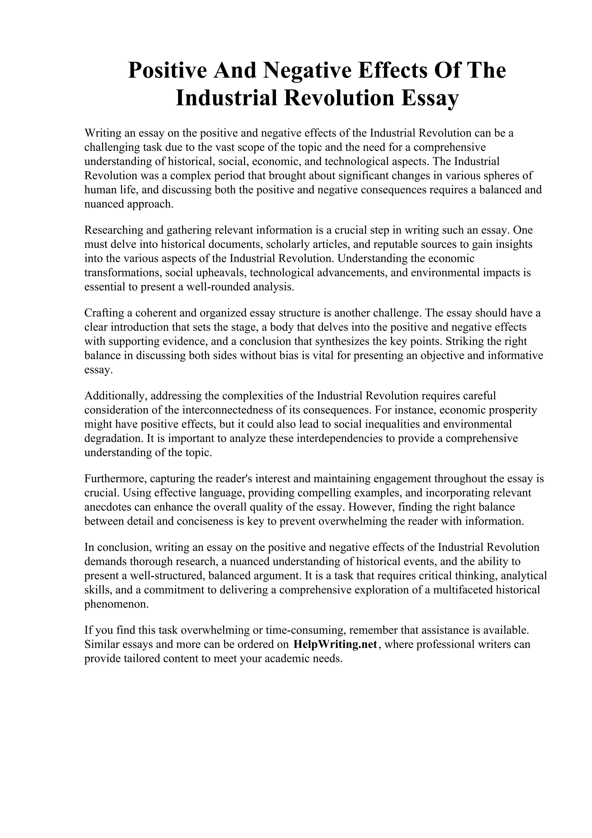 Positive And Negative Effects Of The Industrial Revolution Essay | PDF